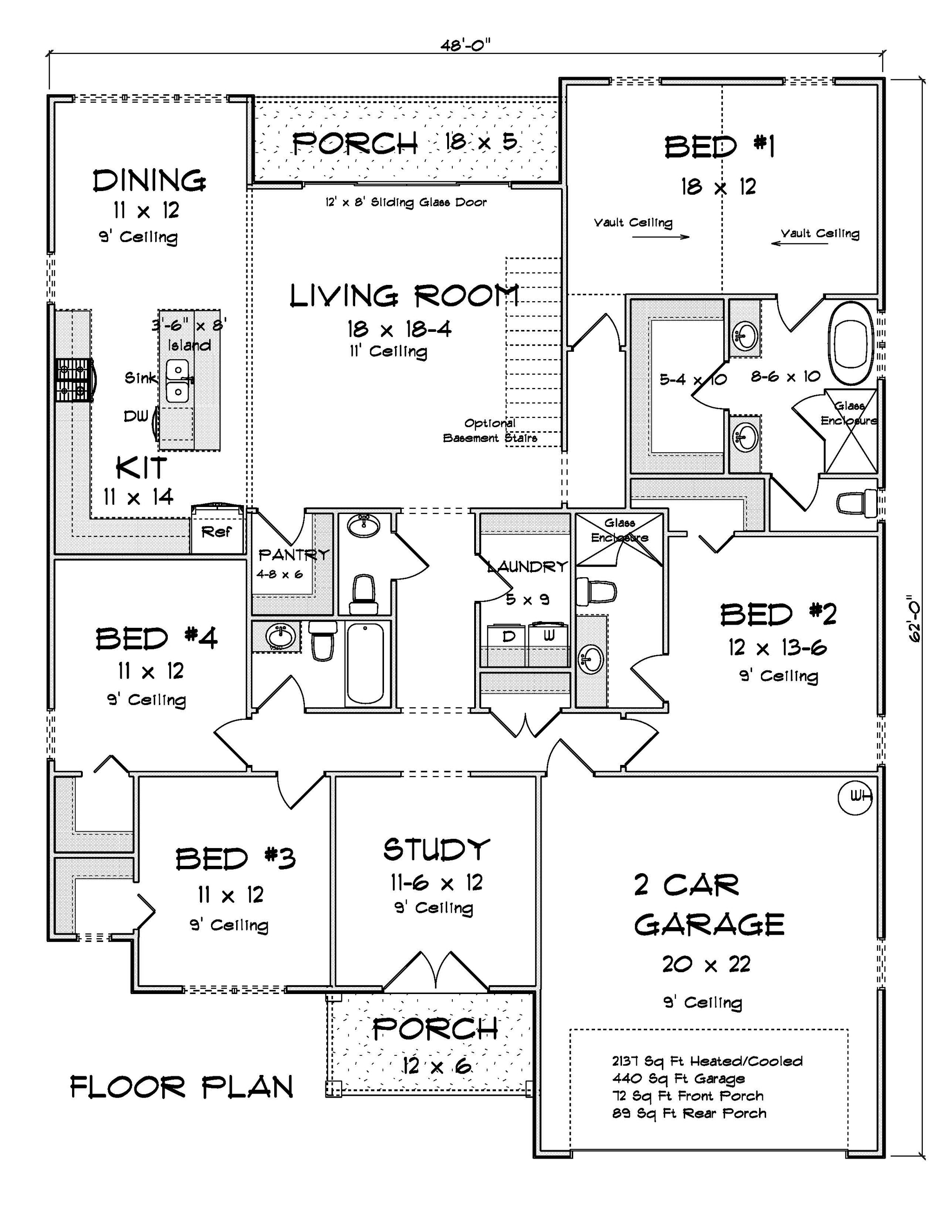 J7541-E Cottage House First Floor Plan, 4 Bedrooms, 3.5 Bathrooms ...