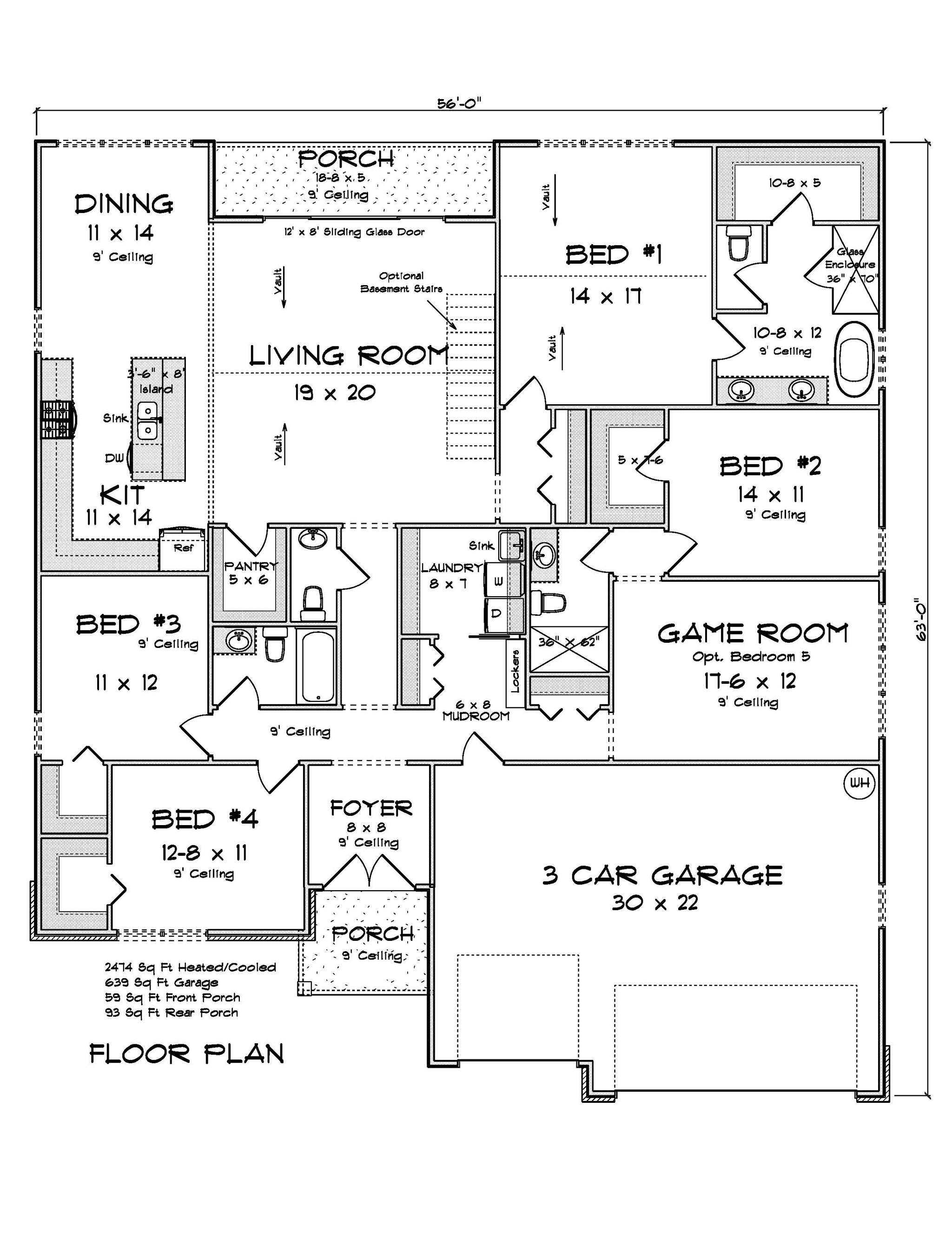 J7559-E Cottage House First Floor Plan, 4 Bedrooms, 3.5 Bathrooms ...
