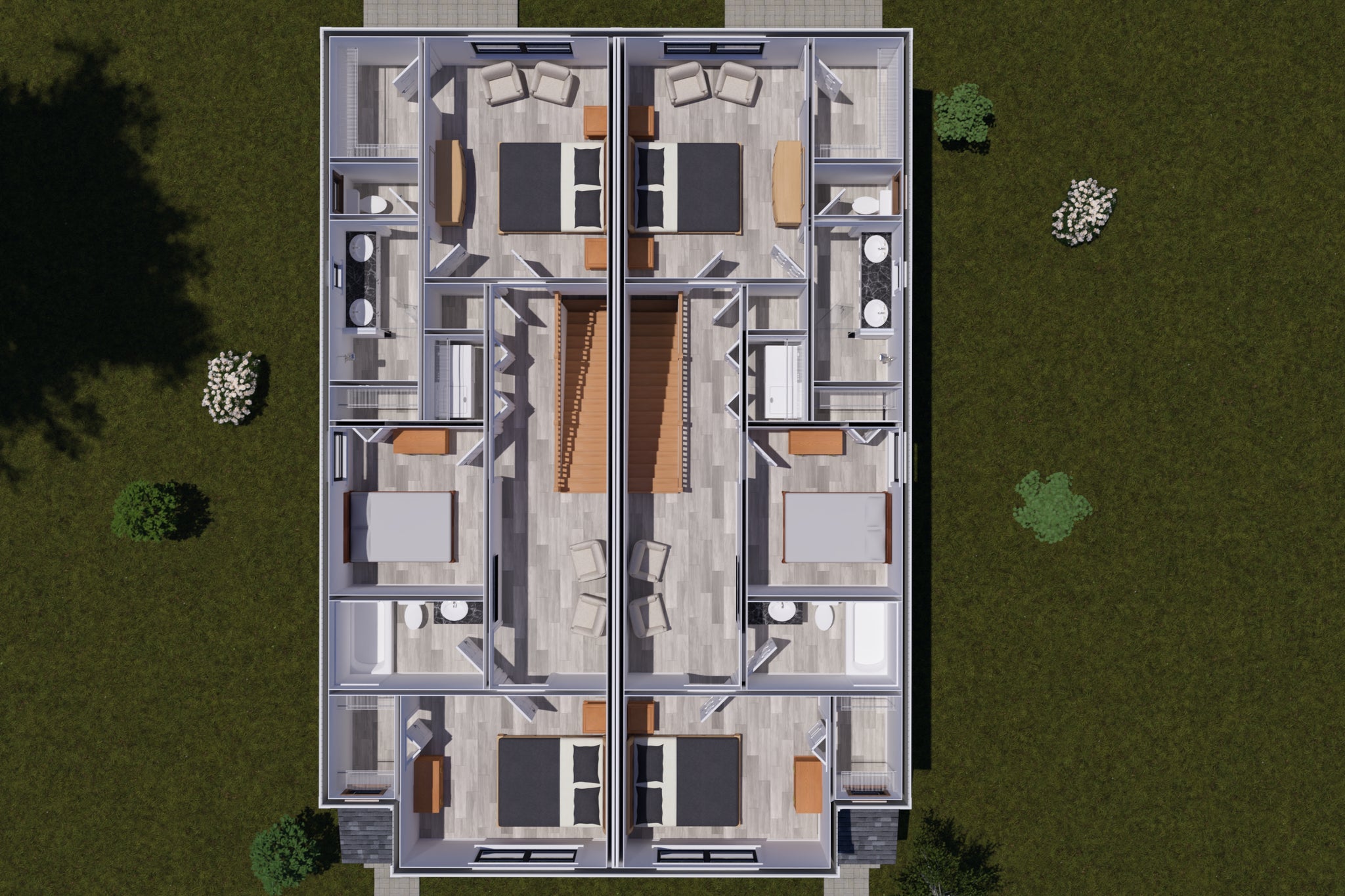 J7564-E Traditional Duplex House 3D Second Floor Plan, 8 Bedrooms, 6 Bathrooms | Plan 24620