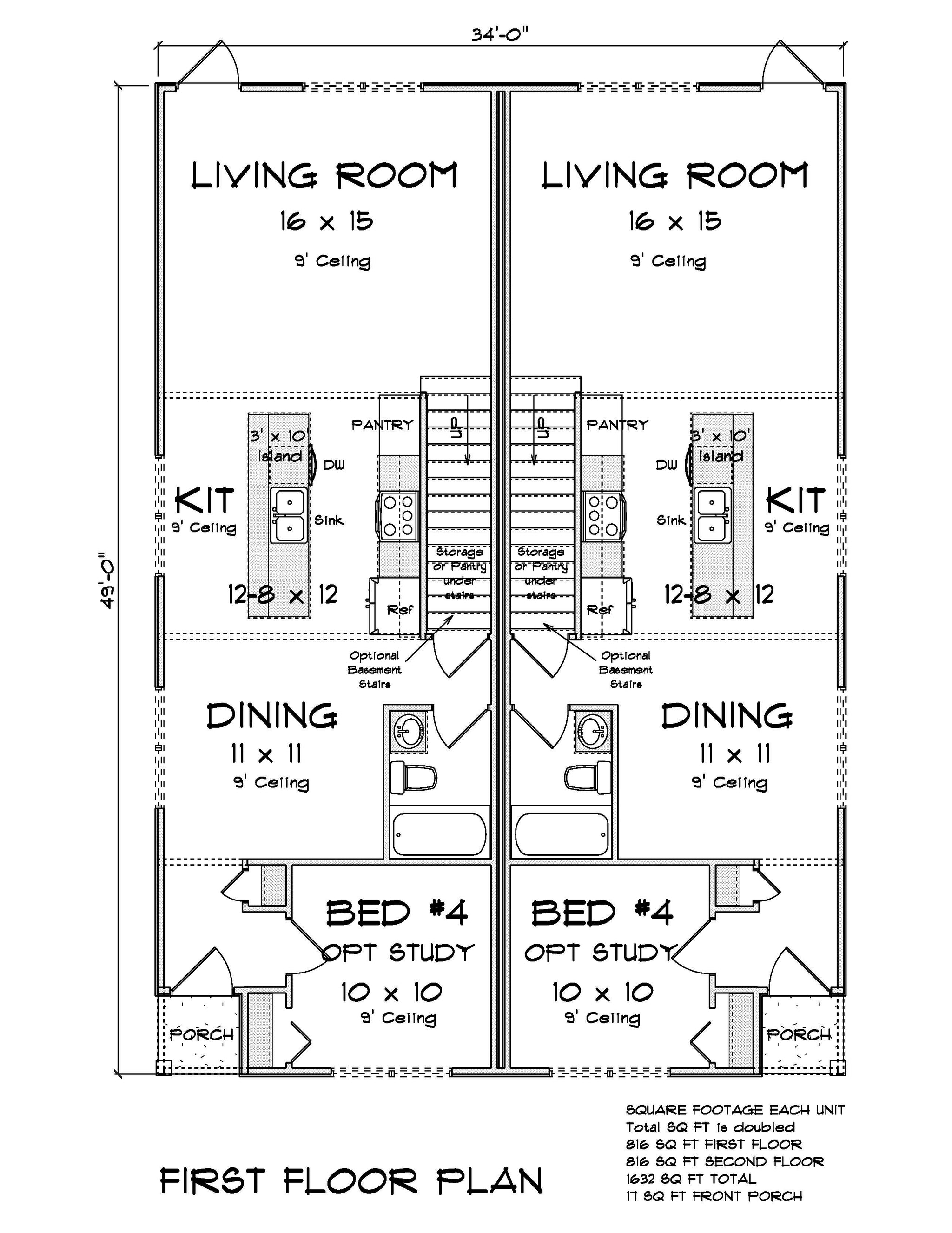J7564-E Traditional Duplex House First Floor Plan, 8 Bedrooms, 6 Bathrooms | Plan 24620