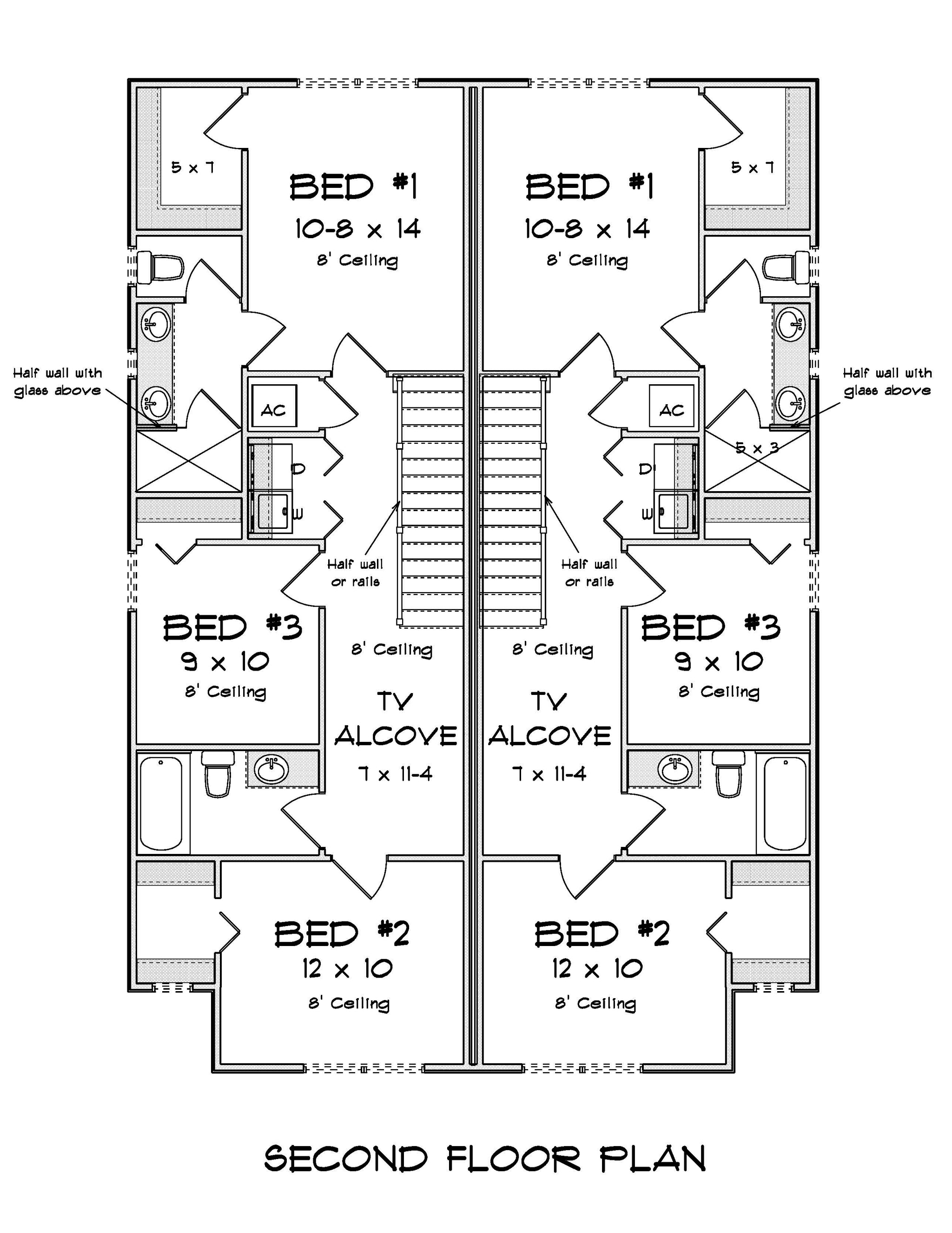 J7564-E Traditional Duplex House Second Floor Plan, 8 Bedrooms, 6 Bathrooms | Plan 24620