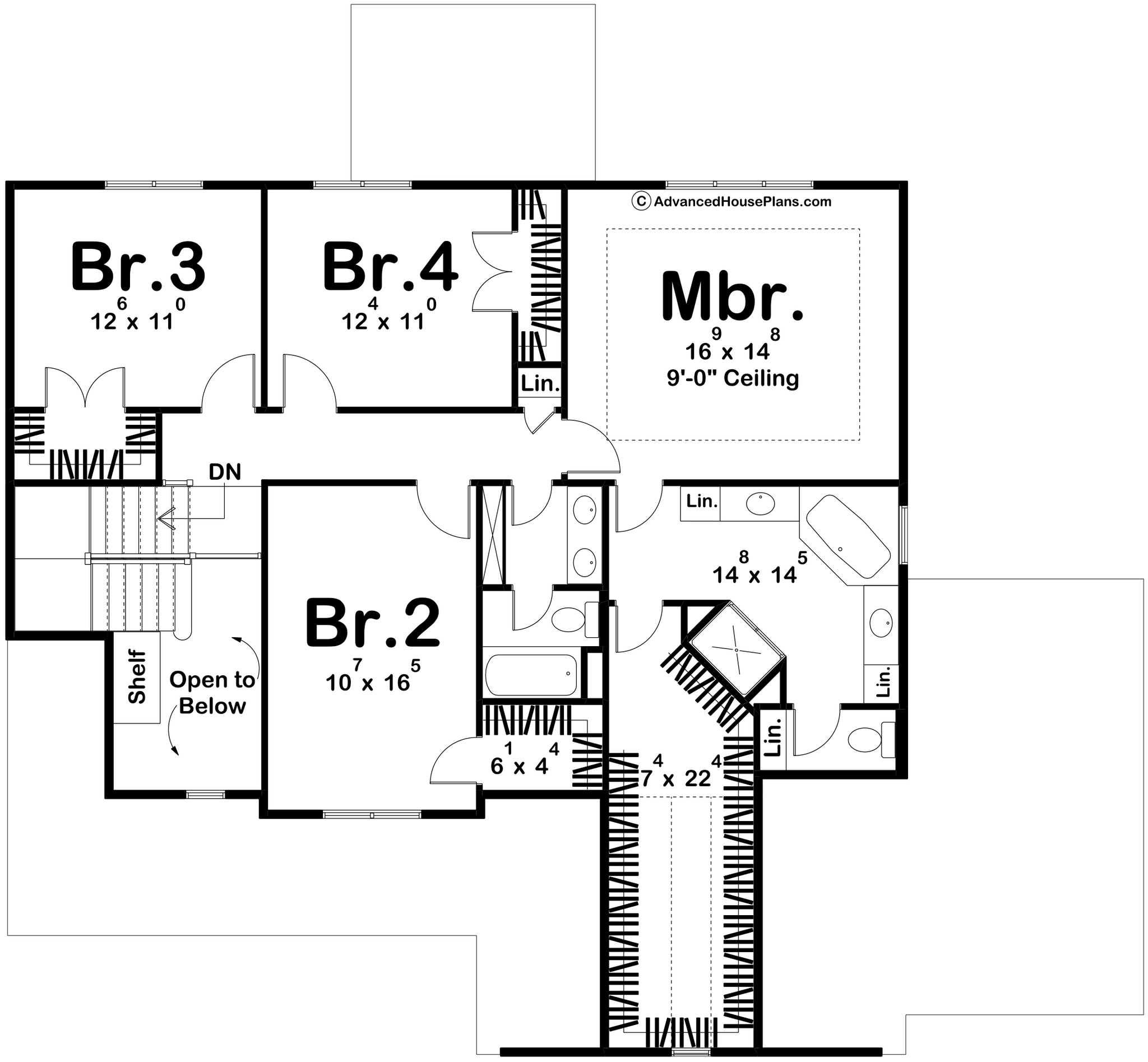 G7624-A Traditional House Second Floor Plan, 4 Bedrooms, 2.5 Bathrooms ...