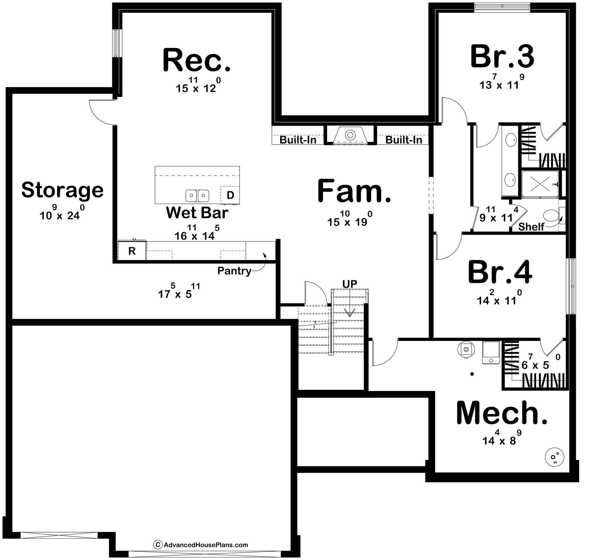 G7625-A Modern Farmhouse Basement Floor Plan, 2 Bedrooms, 2 Bathrooms ...