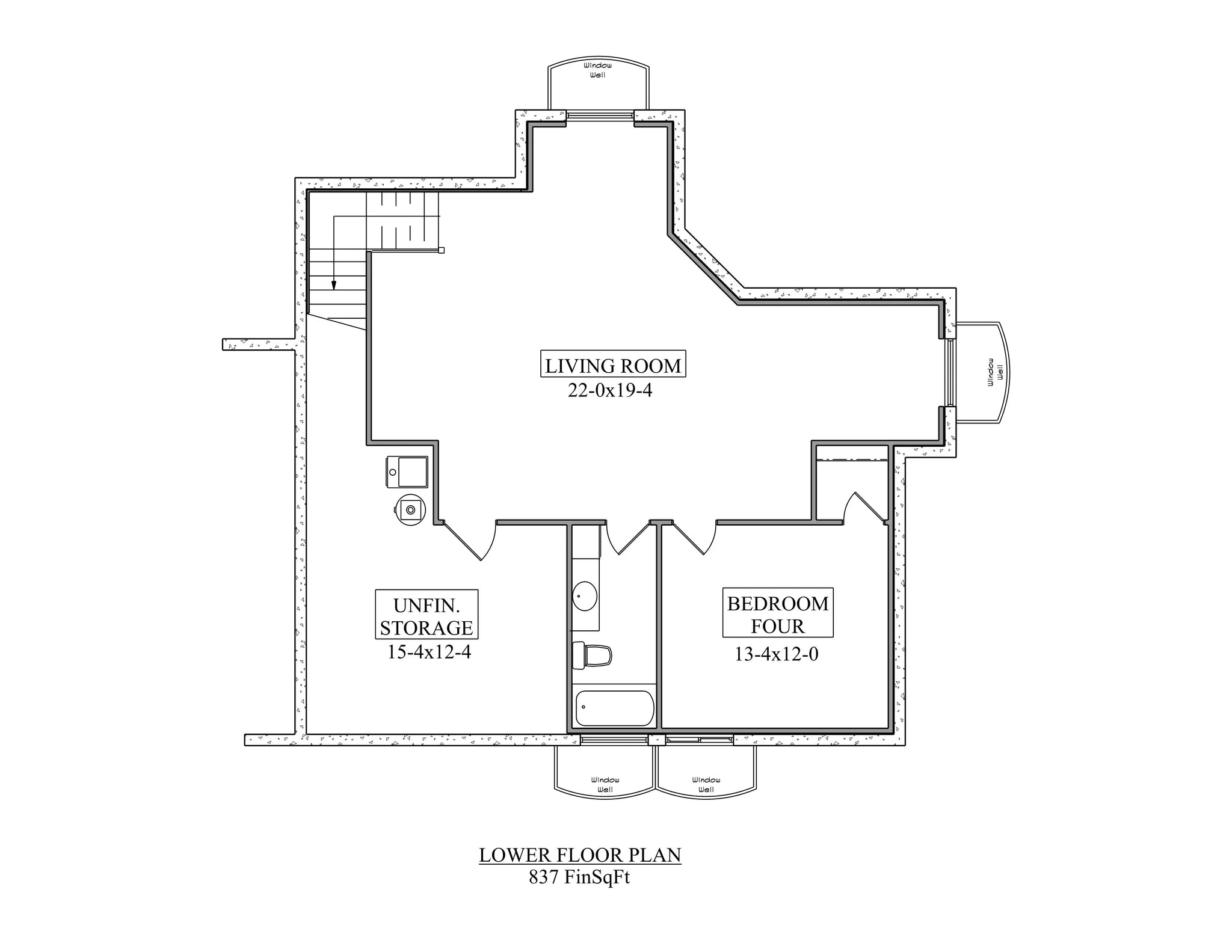 I7638-A Modern Chalet-Style House Basement Floor Plan, 3 Bedrooms, 2.5 ...