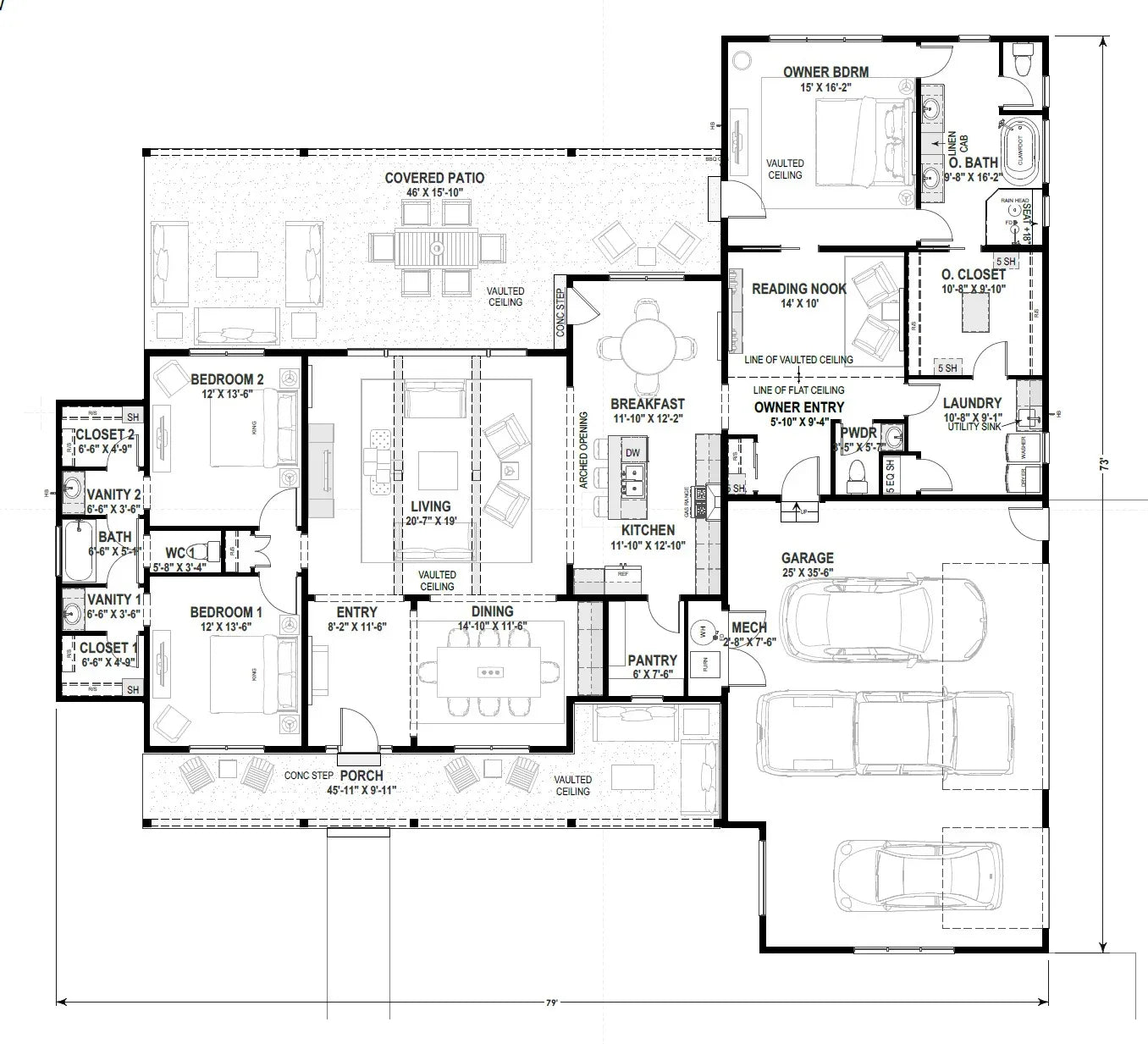 W7589-A Modern Ranch House First Floor Plan, 3 Bedrooms, 2.5 Bathrooms ...
